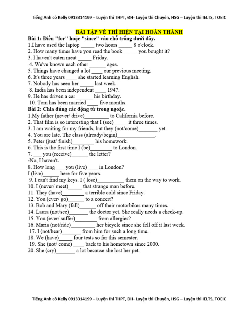 BÀI TẬP THÌ HTHT | PDF