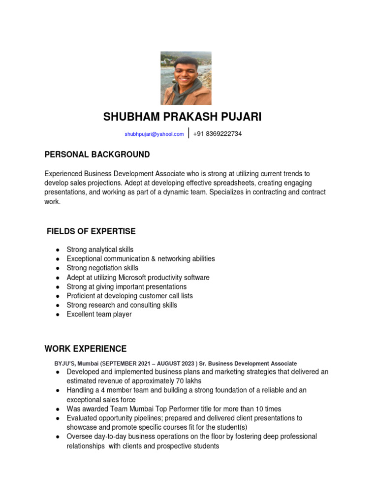Shubham Prakash Pujari Resume | PDF | Sales | Business