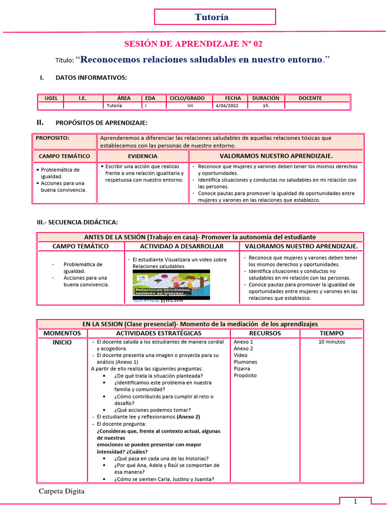 3° SESIÓN DE APRENDIZAJE- SESION.2-EXP.1-TUTORIA | PDF | Las emociones | Aprendizaje