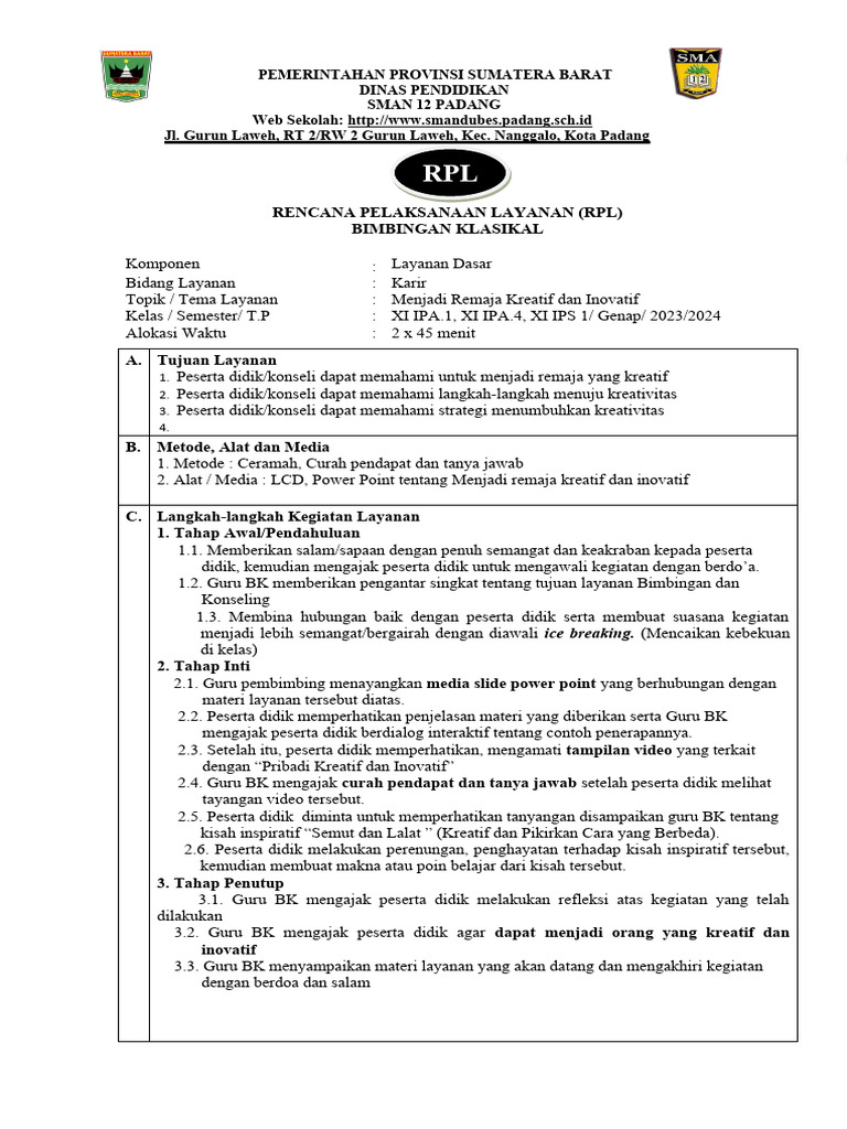 RPL + MATERI + LAMPIRAN Menjadi Remaja Kreatif Dan Inovatif | PDF | Karier & Perkembangan