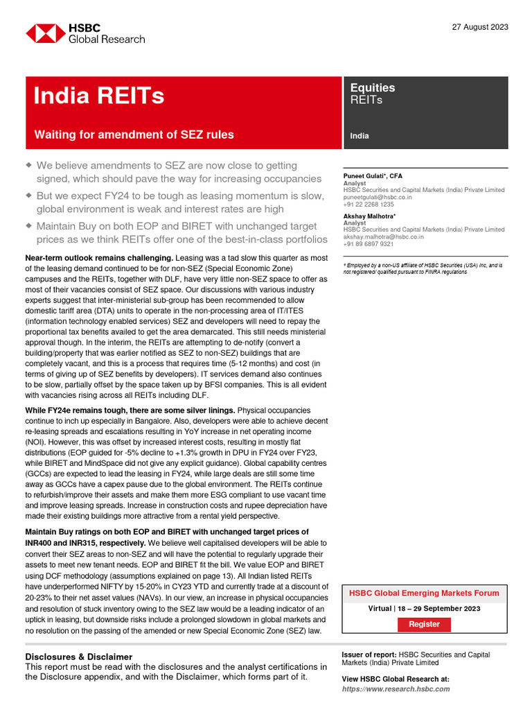 REITS 27aug2023 | PDF | Securities (Finance) | Real Estate Investment Trust