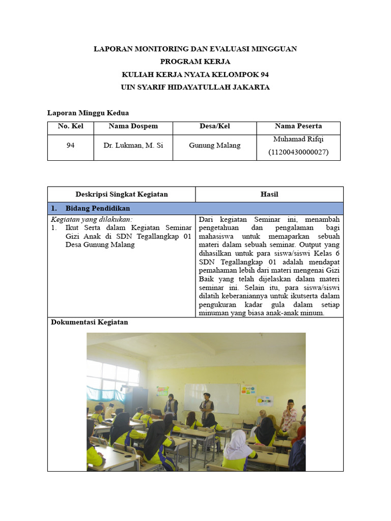 Contoh Laporan Mingguan KKN | PDF | Karier & Perkembangan | Ilmu Sosial