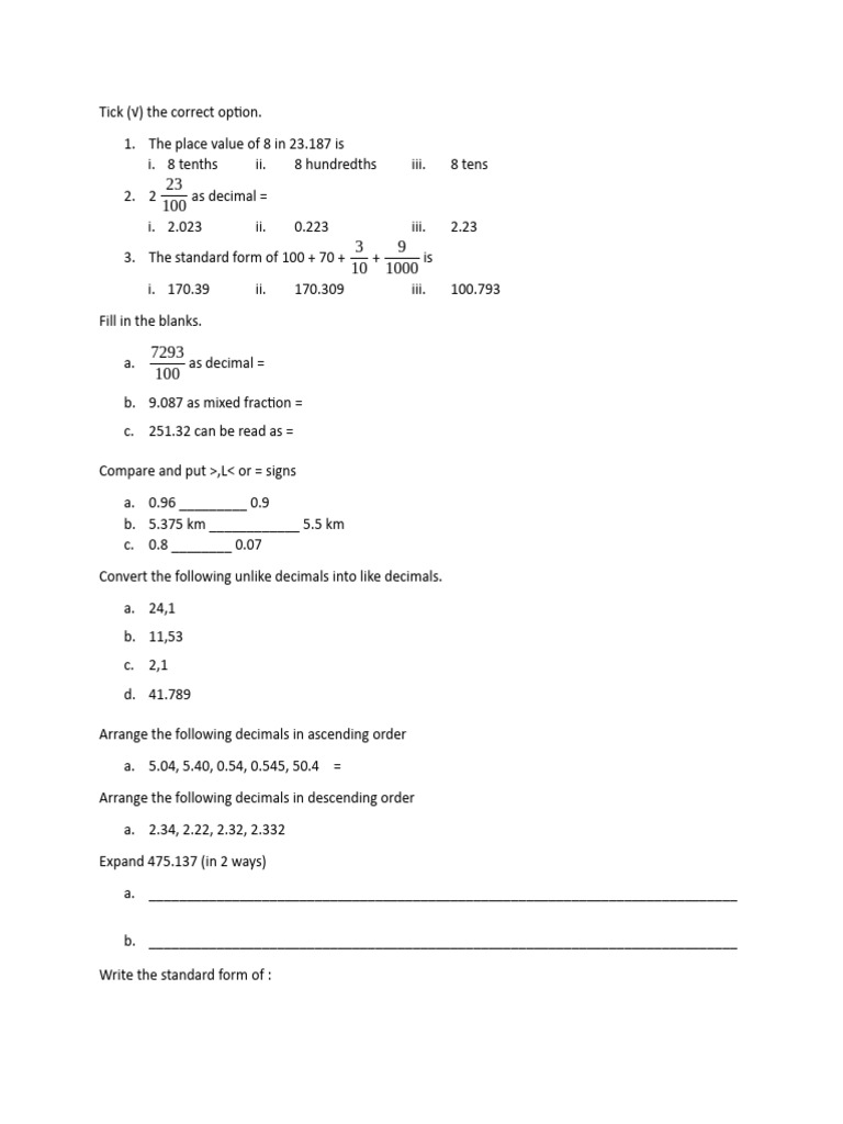 Decimal and Place Value Exercises | PDF | Computers | Technology ...