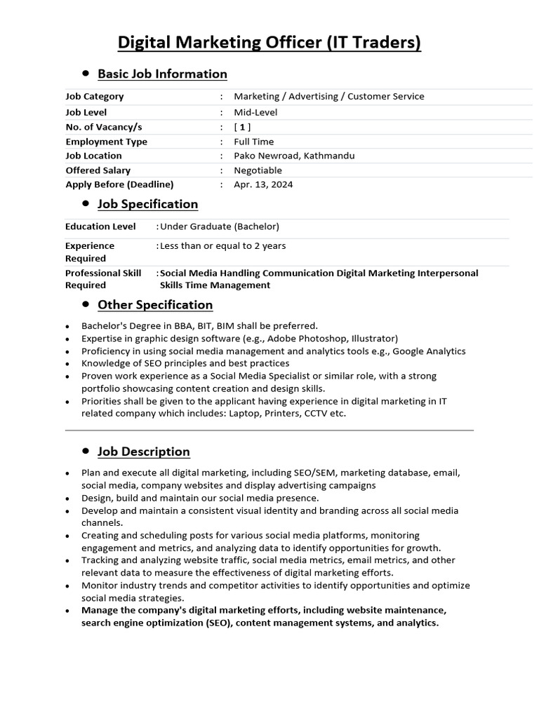 Digital Marketing Officer Job in Kathmandu | PDF