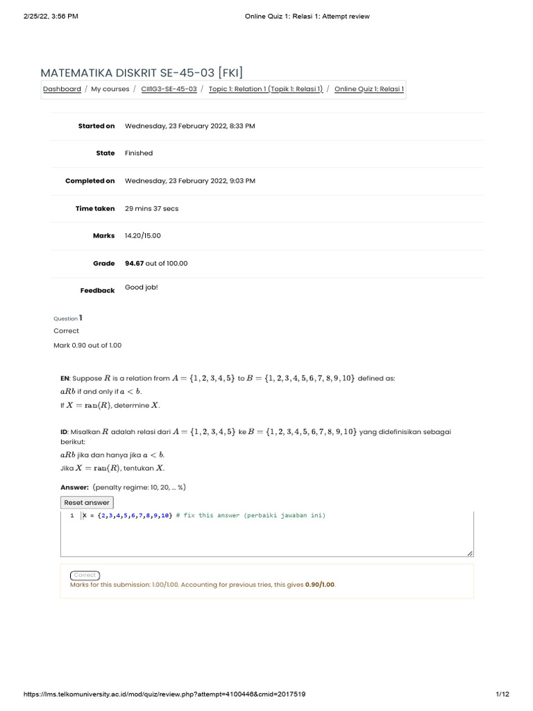 Online Quiz 1 - Relasi 1 - Attempt Review | PDF