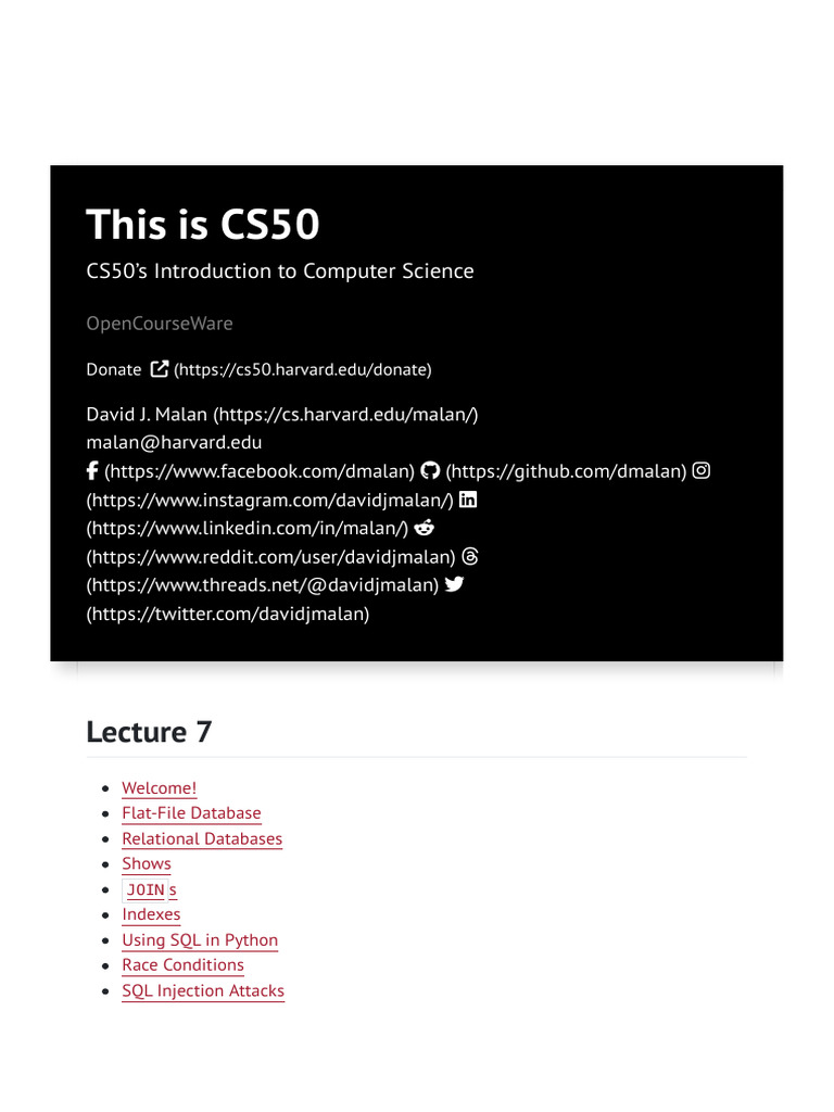 Lecture 7 - CS50x 2024 | PDF | Database Index | Databases