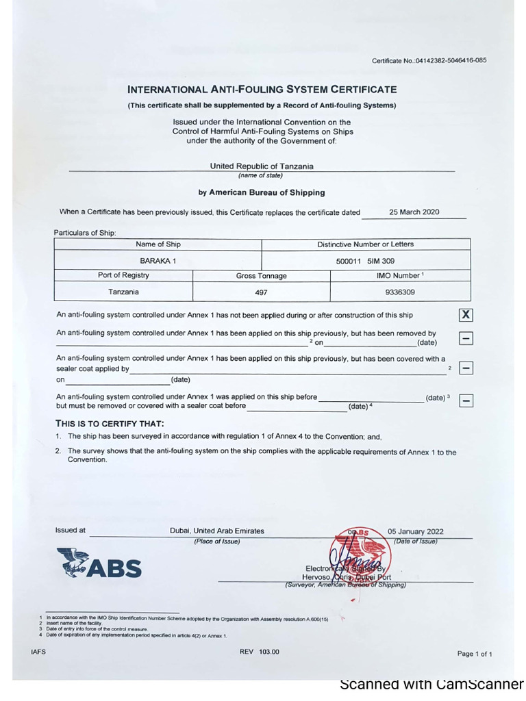International Anti-Fouling System Certificate | PDF