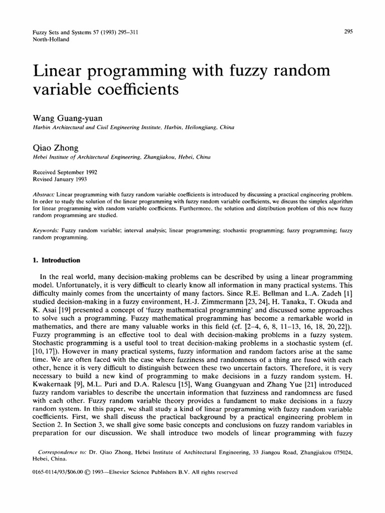 Linear Programming With Fuzzy Random Variable Coefficients Pdf Linear Programming 2479
