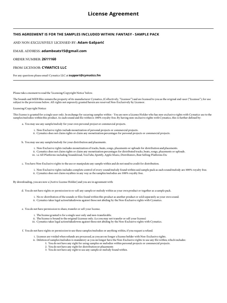 License - Agreement - 1675595226411 (Fantasy - Sample Pack) | PDF ...