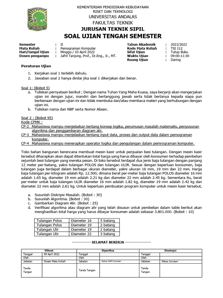 Soal Ujian Pemrograman Komputer 2022 | PDF