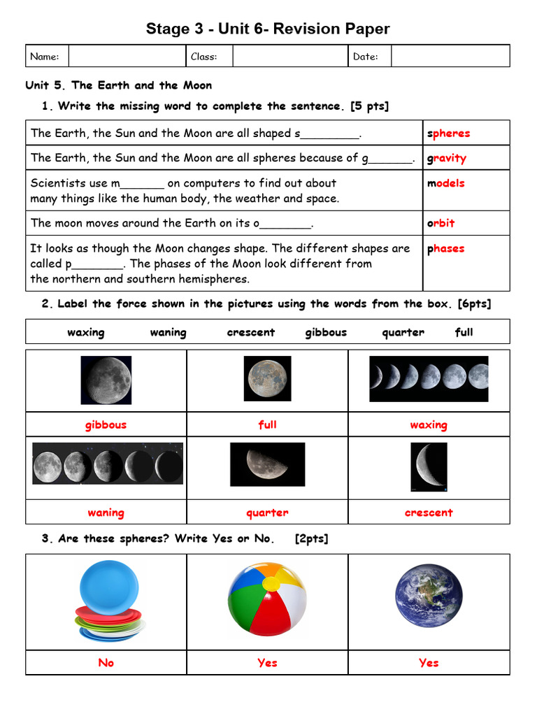 Primary Science Stage 3 Unit 6 - Revision - Answer Key | PDF | Moon ...