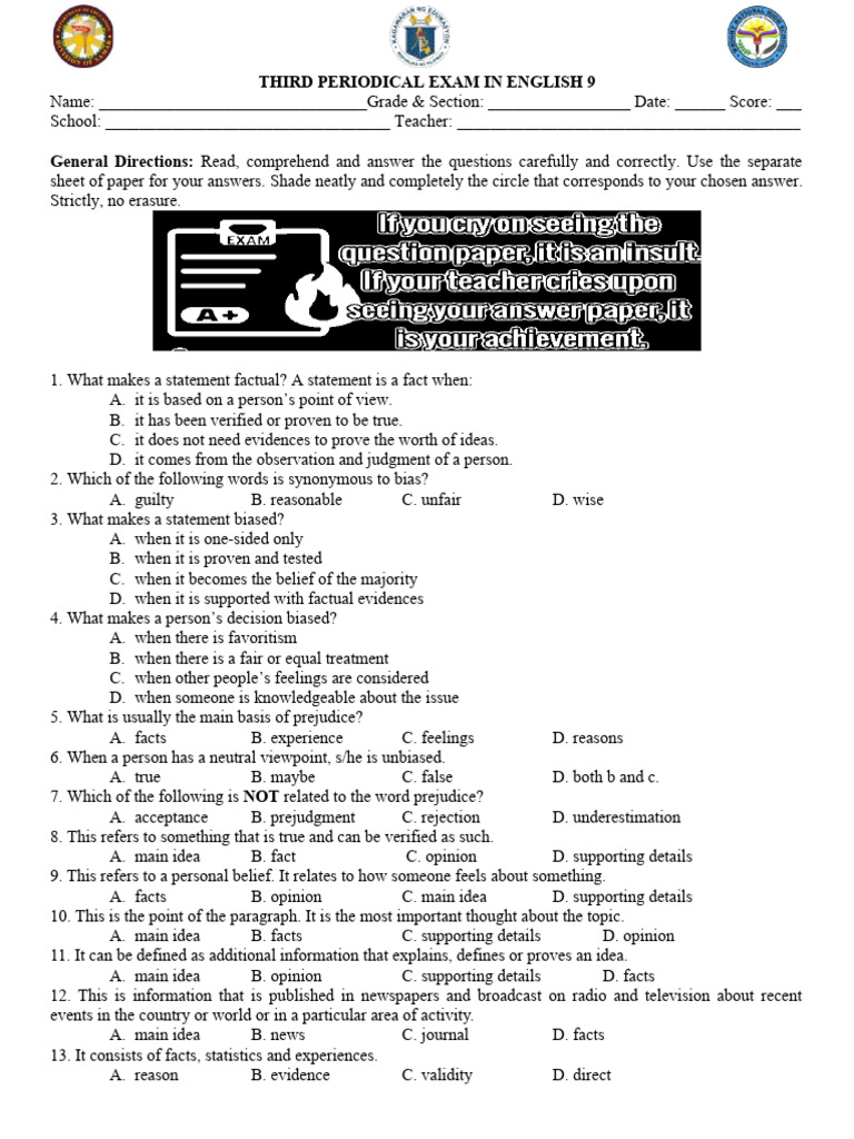 English 9 Periodical Exam Questions | PDF | Bias | Evidence