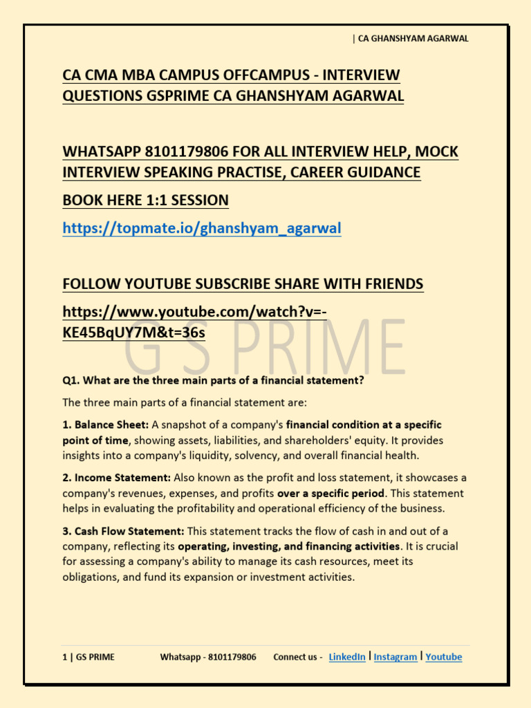 CA Cma Mba Campus Offcampus Few Imp Interview Question 1707905624 | PDF | Cost Of Capital ...