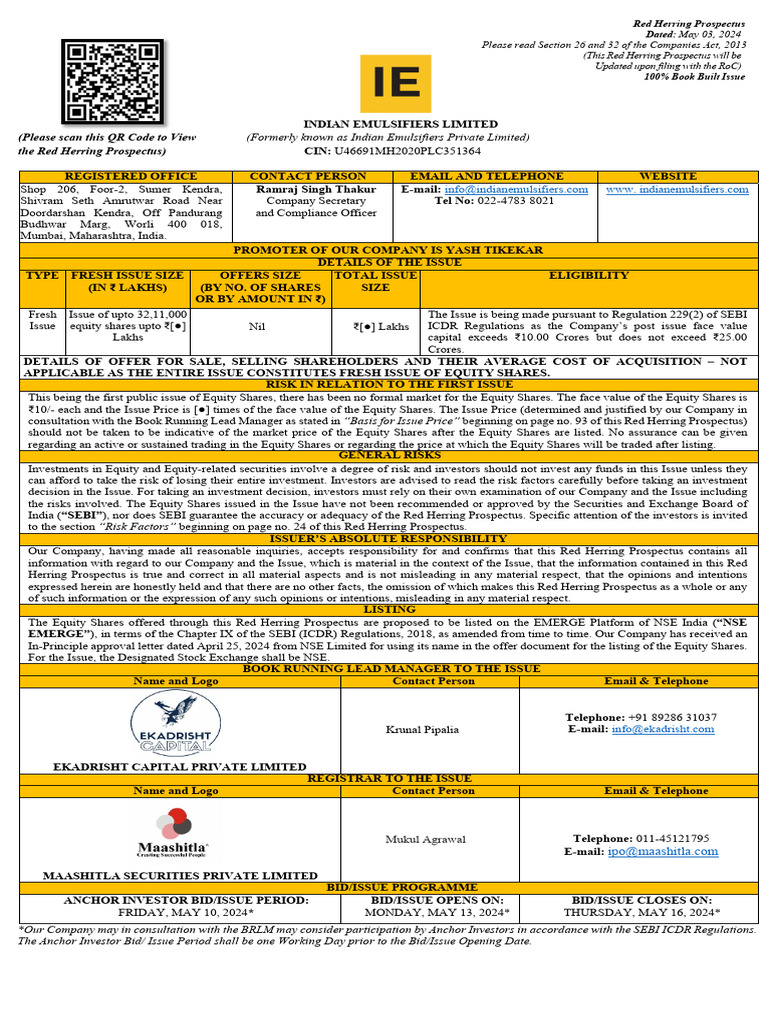Indian Emulsifiers Limited IPO Prospectus | PDF | Stocks | Investing