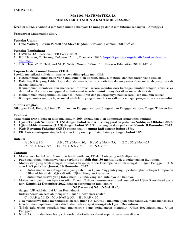Silabus MA1101 Matematika 1A 2022-2023 | PDF