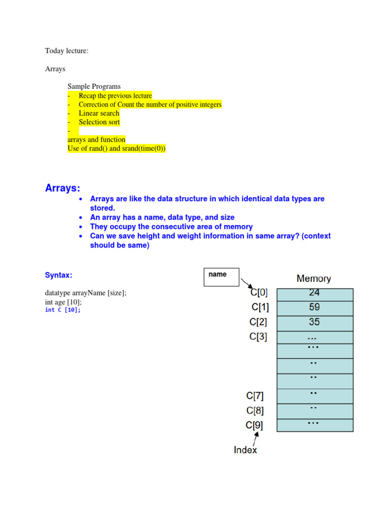 Lecture 18 Arrays 2 | PDF | Integer (Computer Science) | Computer Program Lecture 18 Arrays 2 | PDF | Integer (Computer Science) | Computer Program