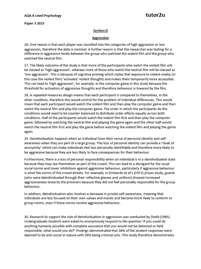 Aggression Model Answers 2023 | PDF | Psychology | Behavioural Sciences