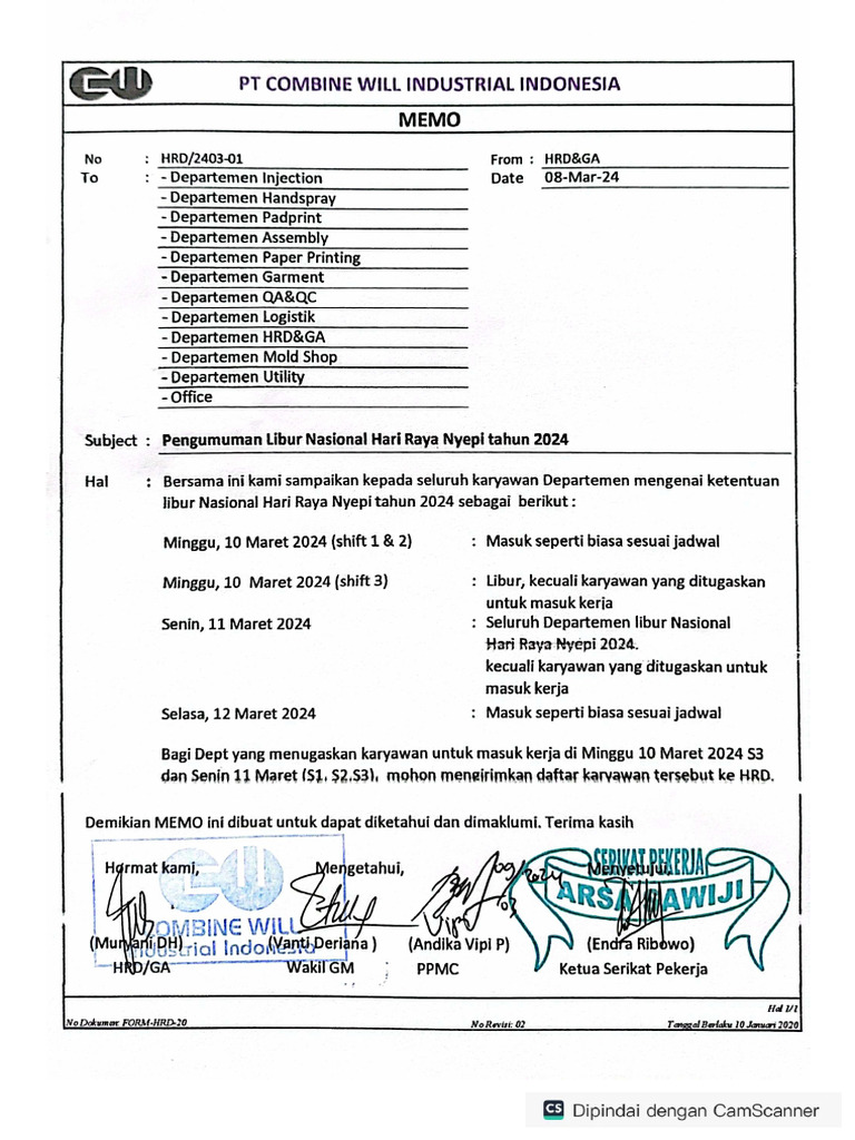 Memo Libur Hari Raya Nyepi 2024 | PDF