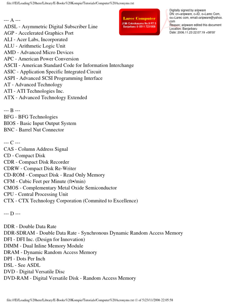 Computer Acronyms | PDF | Random Access Memory | Dynamic Random Access Memory