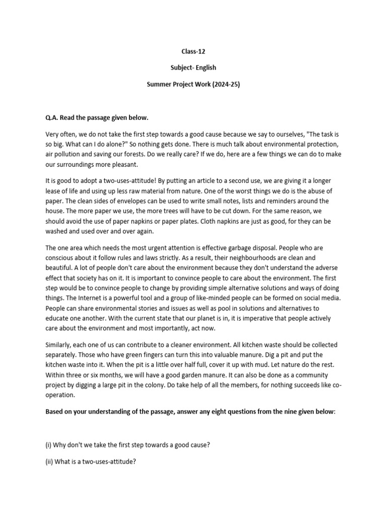 Class-12 English Summer Project Work | PDF