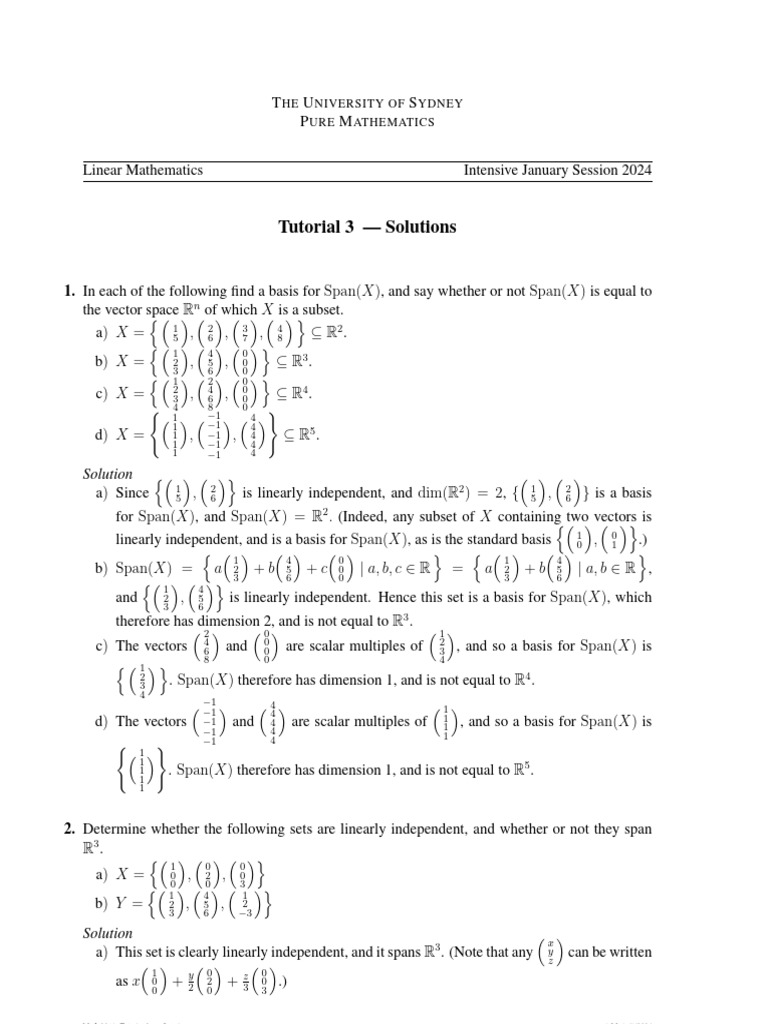 tut3-sol | PDF | Basis (Linear Algebra) | Vector Space