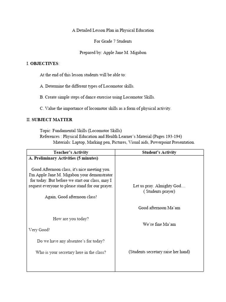 Grade 7 Lesson Plan: Locomotor Skills | PDF | Lesson Plan | Animal ...