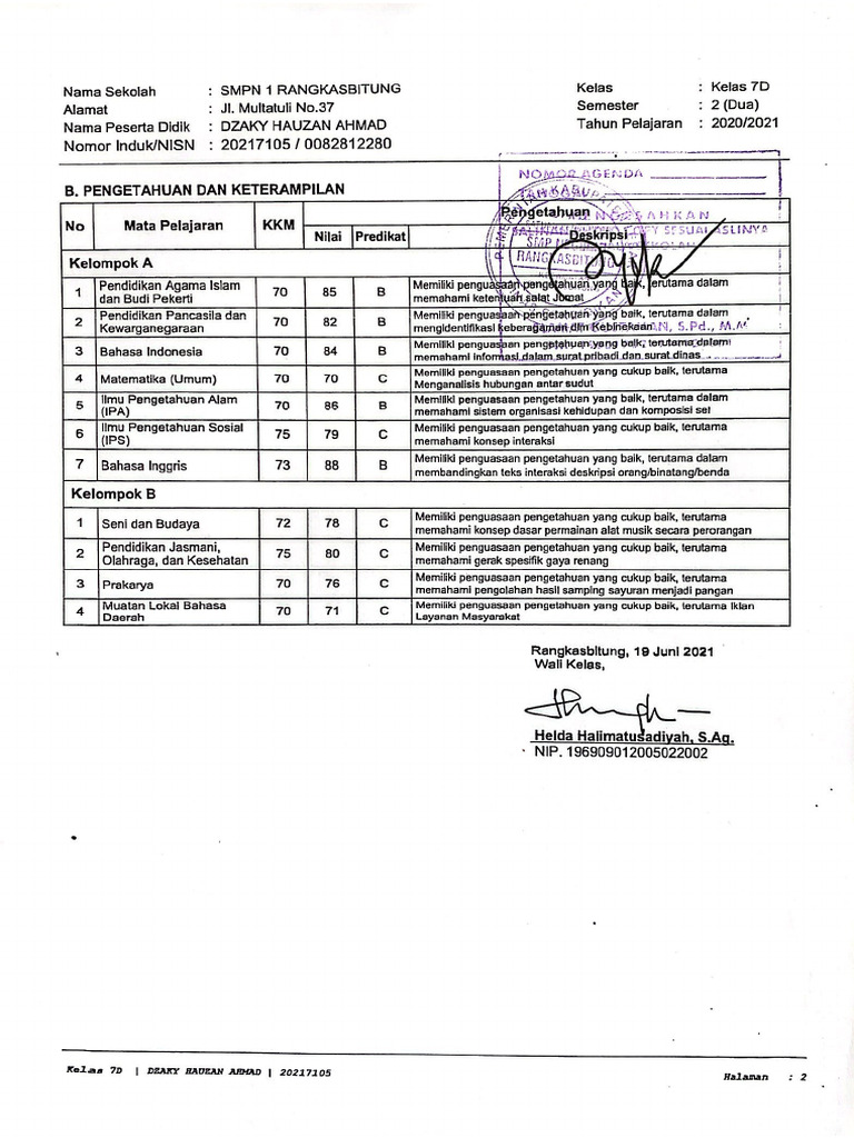 PDF Nilai Pengetahuan & Keterampilan Kelas 7 Semester 2 | PDF