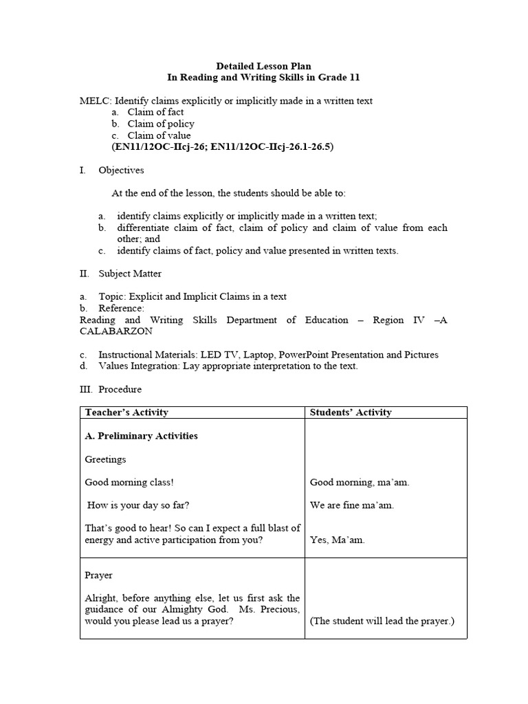 Detailed Lesson Plan RWS Q3 Week7 | PDF | Argument | Evidence