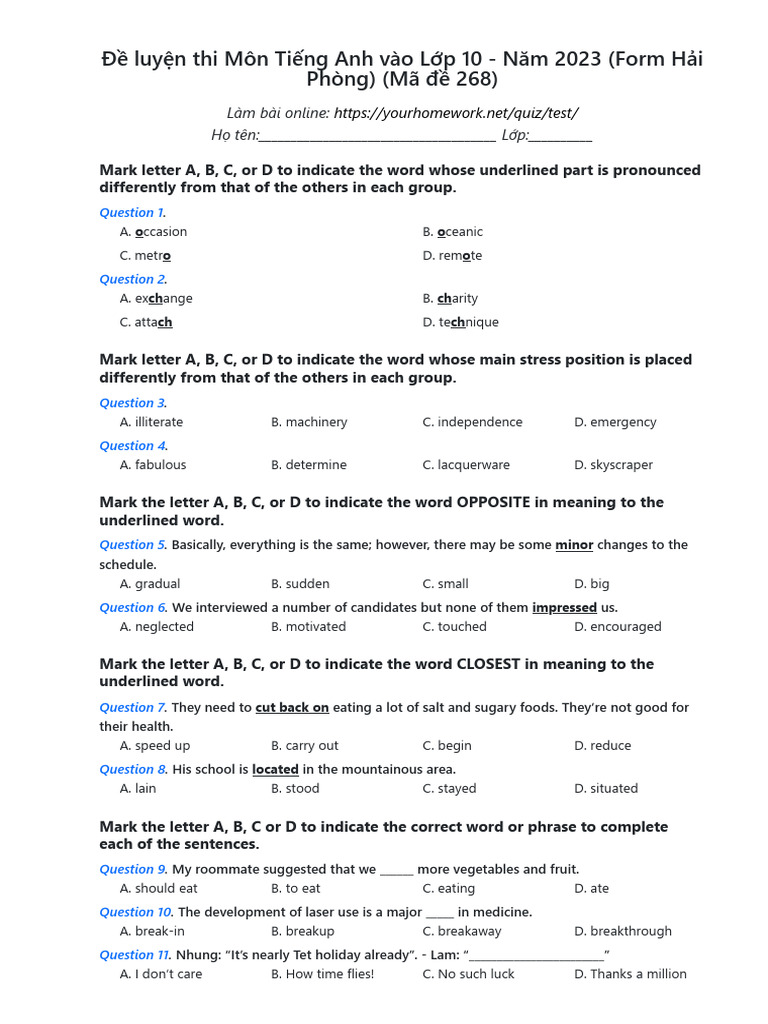 Đề luyện thi Môn Tiếng Anh vào Lớp 10 - Năm 2023 (Form Hải Phòng) (Mã ...