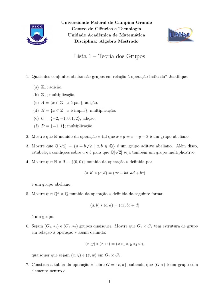 Lista 1 - Álgebra M | PDF | Grupo (Matemática) | Conjunto (Matemática)