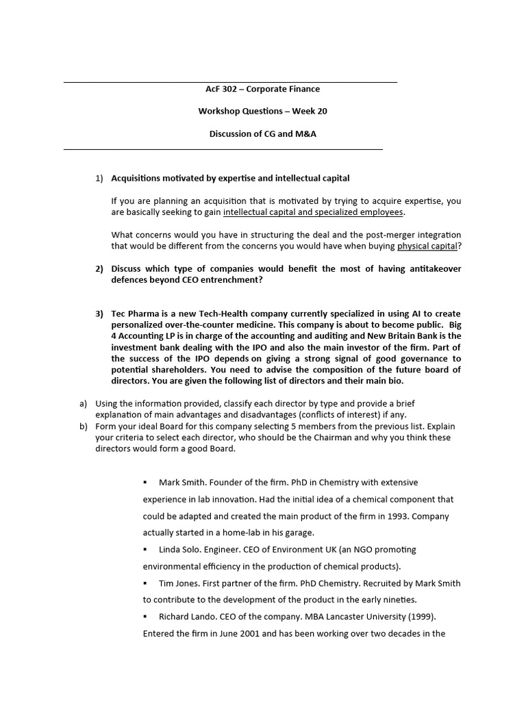 Week 20 Workshop Questions Pdf Mergers And Acquisitions Business