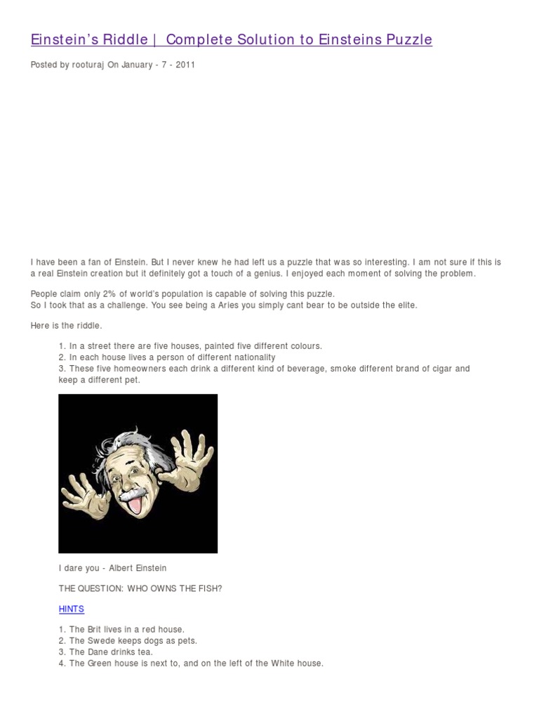 Einstein’s Riddle _ Complete Solution to Einsteins Puzzle | Drink ...