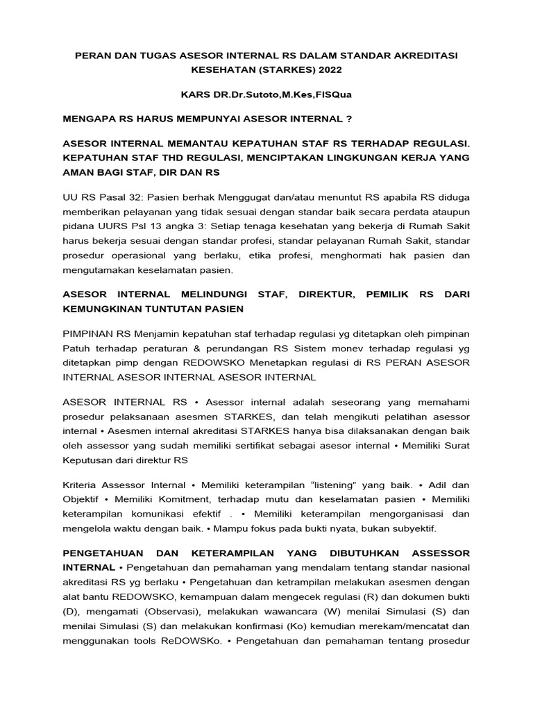 Peran Dan Tugas Asesor Internal RS Dalam Standar Akreditasi Kesehatan | PDF