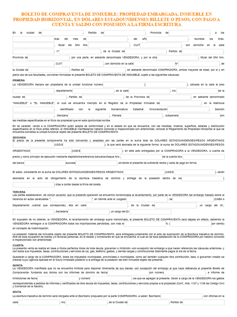 Boleto de Compraventa de Inmueble Propiedad Embargada | PDF | Propiedad