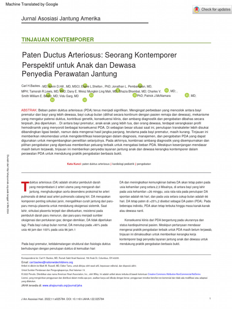 Backes Et Al 2022 Patent Ductus Arteriosus A Contemporary Perspective
