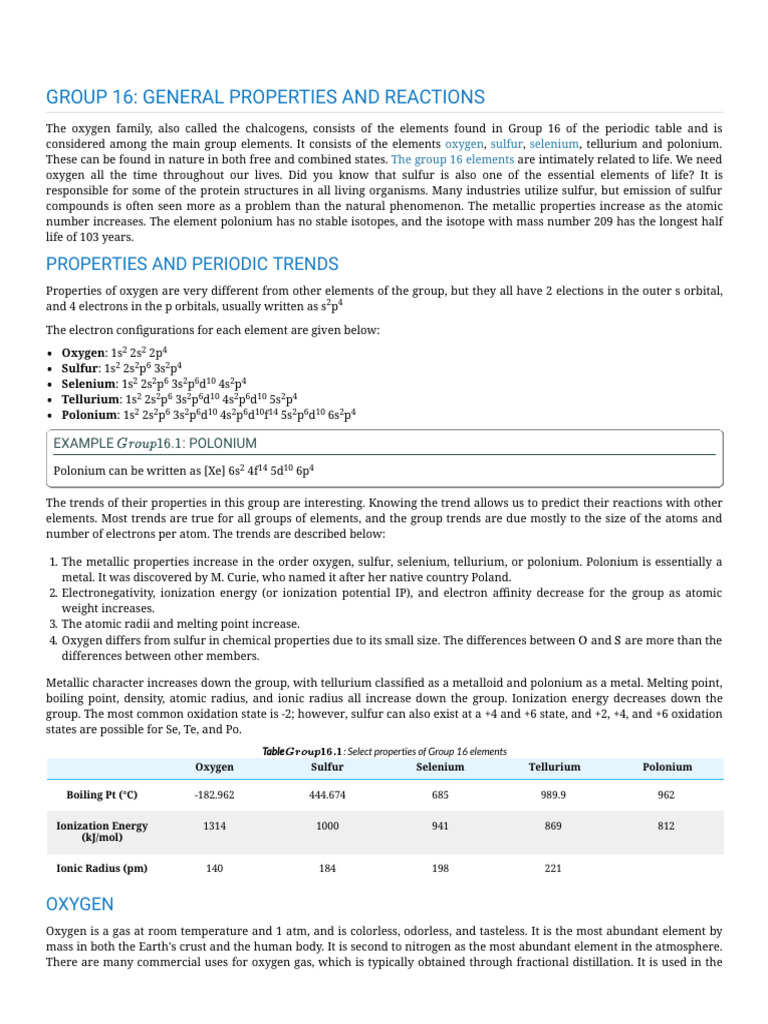 Group 16 Elements: Properties & Reactions | PDF | Sulfur | Atoms