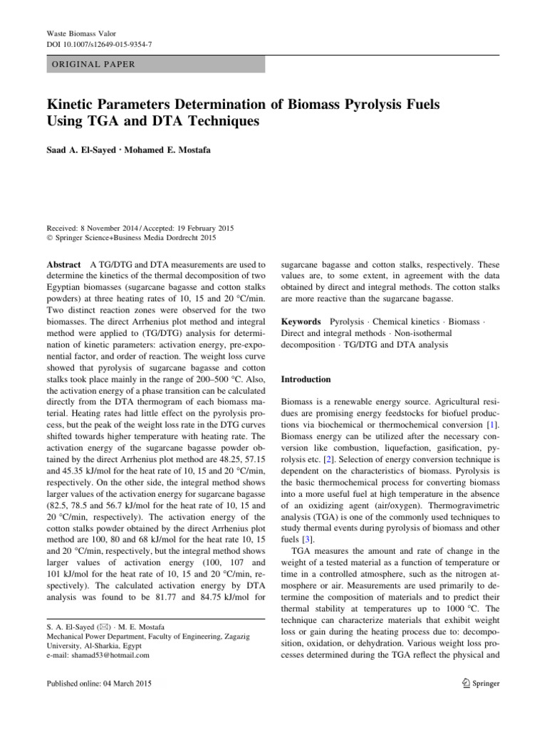 Kinetic Parameters Determination of Biomass Pyrolysis Fuels Using TGA and DTA Techniques | PDF ...