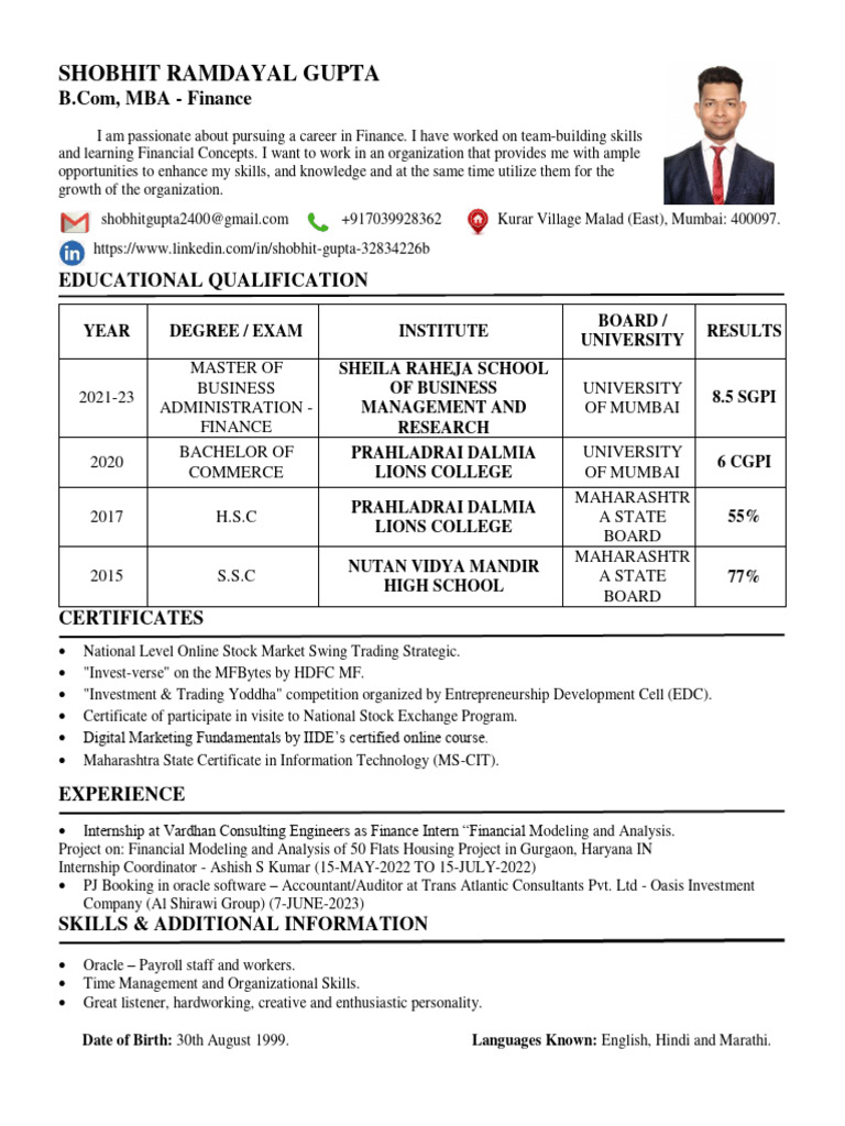 Shobhit Gupta Resume | PDF | Economies | Business