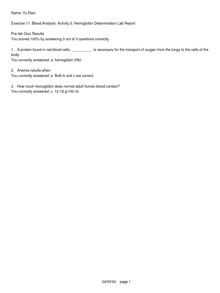 Hemoglobin Determination Lab Report | PDF | Hemoglobin | Anemia