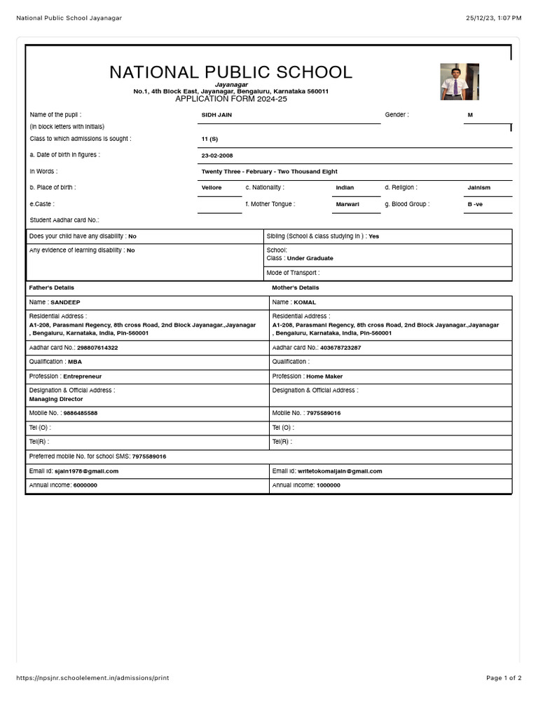 NPS Jayanagar Admission Application 2024-25 | PDF | Birth Certificate
