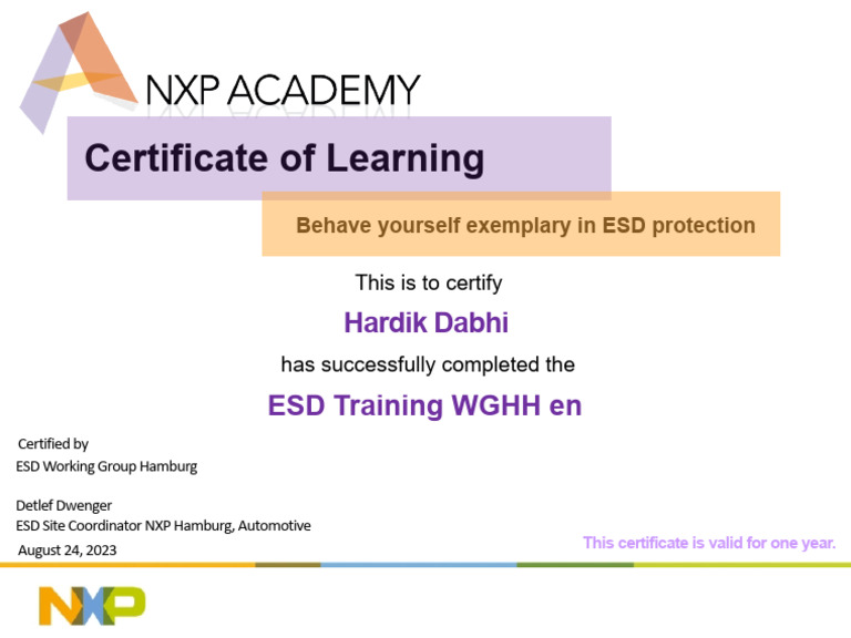 ESD Training Certificate for Hardik Dabhi | PDF