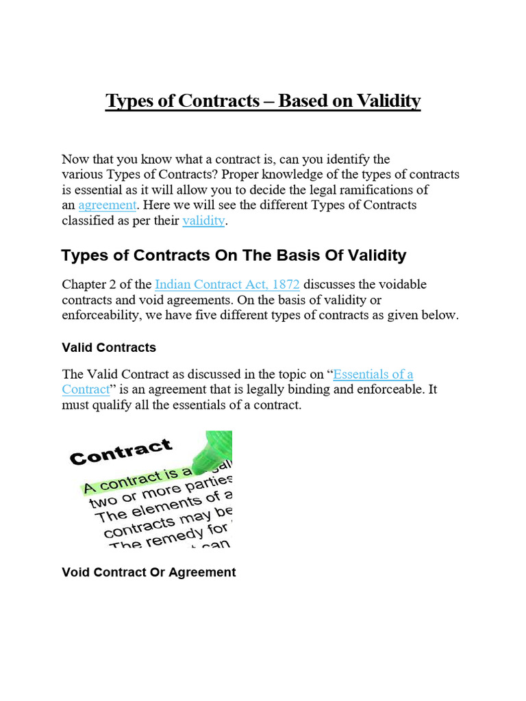 Types of Contracts – Based on Validity | PDF | Void (Law) | Business Law