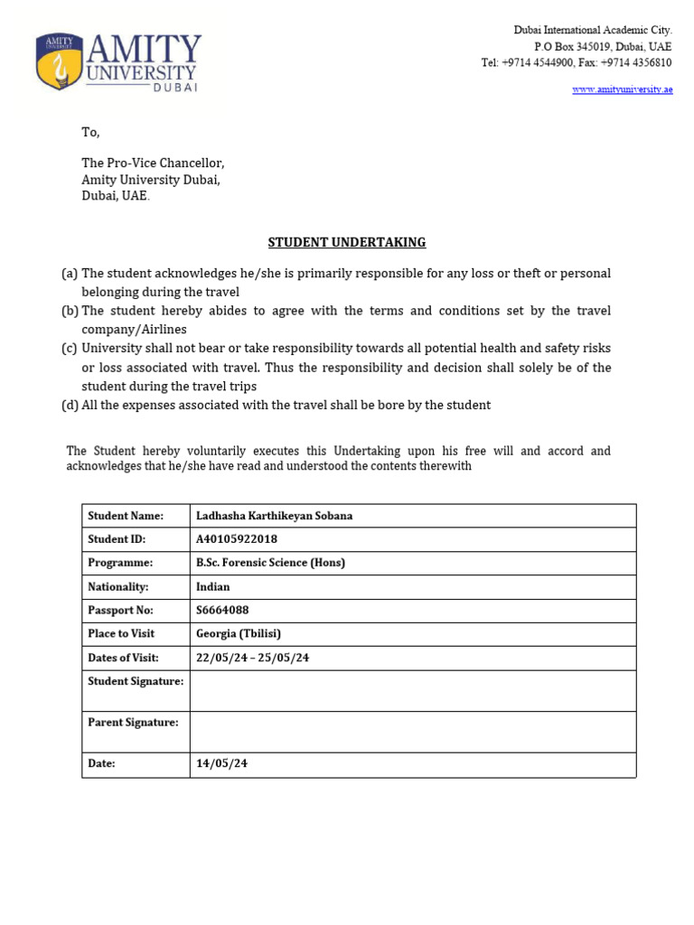Students Undertaking Letter for Travel[1] | PDF