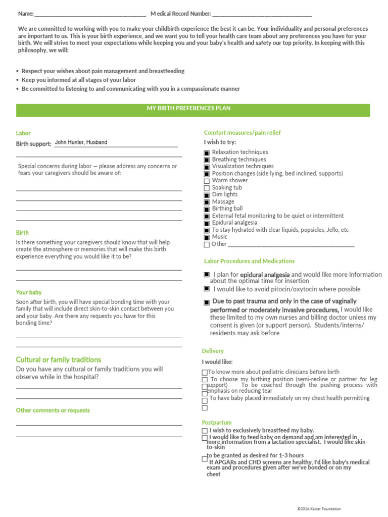 Fillable - Birthpreferencesplan Cleaned Forms v3 | PDF | Childbirth | Health Care
