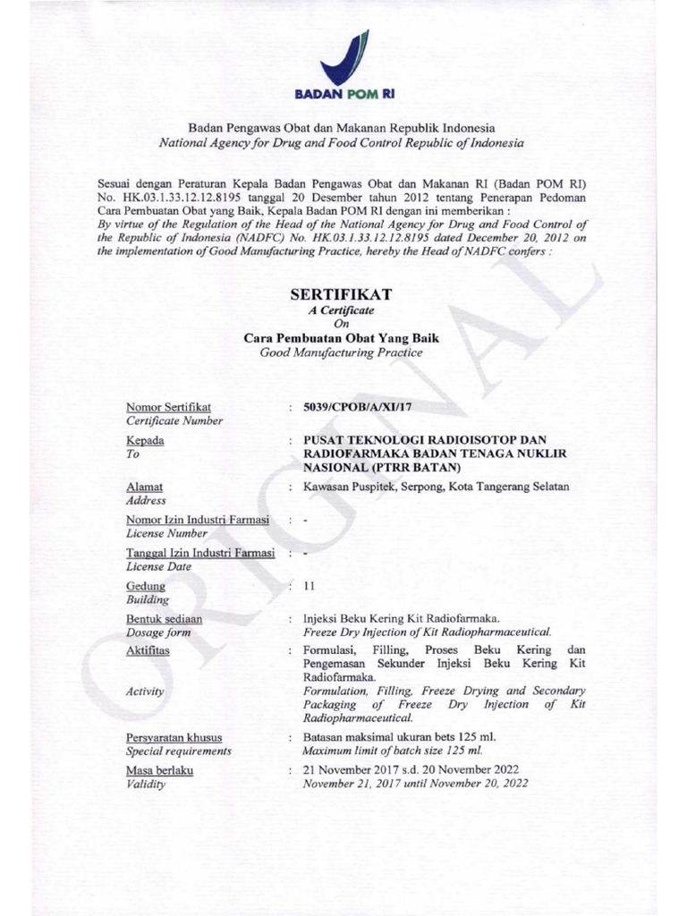 3.1 Sertifikat CPOB Injeksi Beku Kering Kit Radiofarmaka | PDF