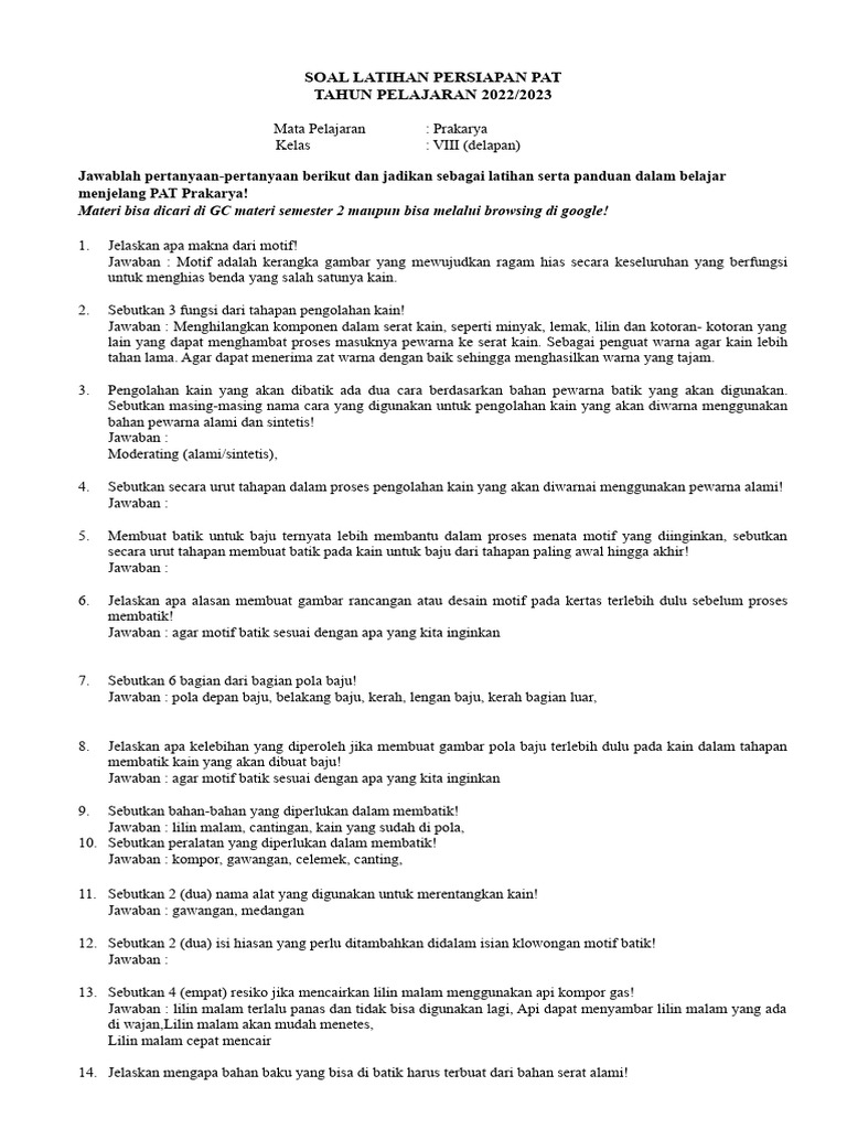0k Soal Latihan Persiapan PAT Prakarya - Kls 8 - 2022-2023 | PDF | Seni
