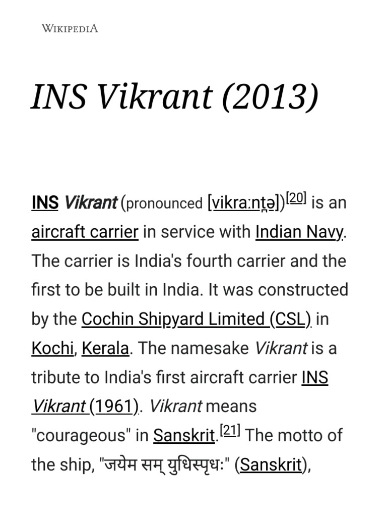INS Vikrant (2013) - Wikipedia | PDF | Aviation | Naval Aviation