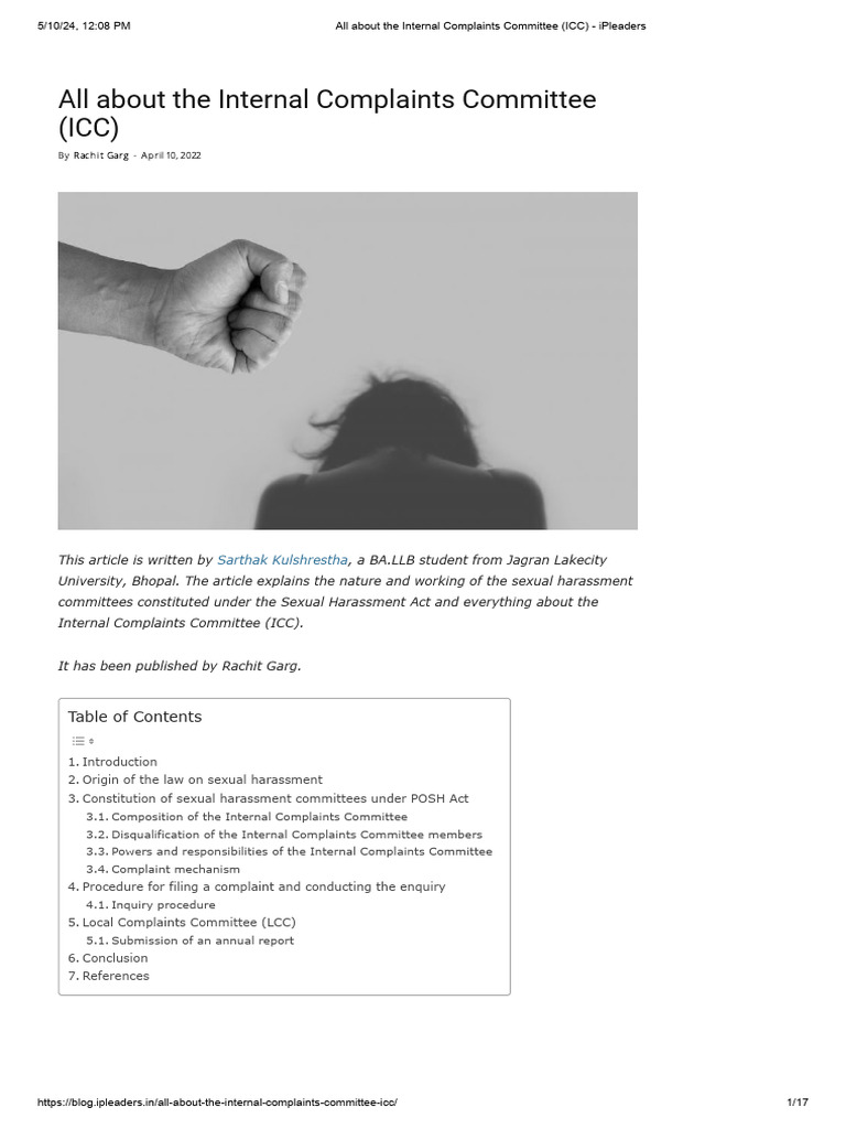 All About The Internal Complaints Committee Icc Ipleaders Pdf