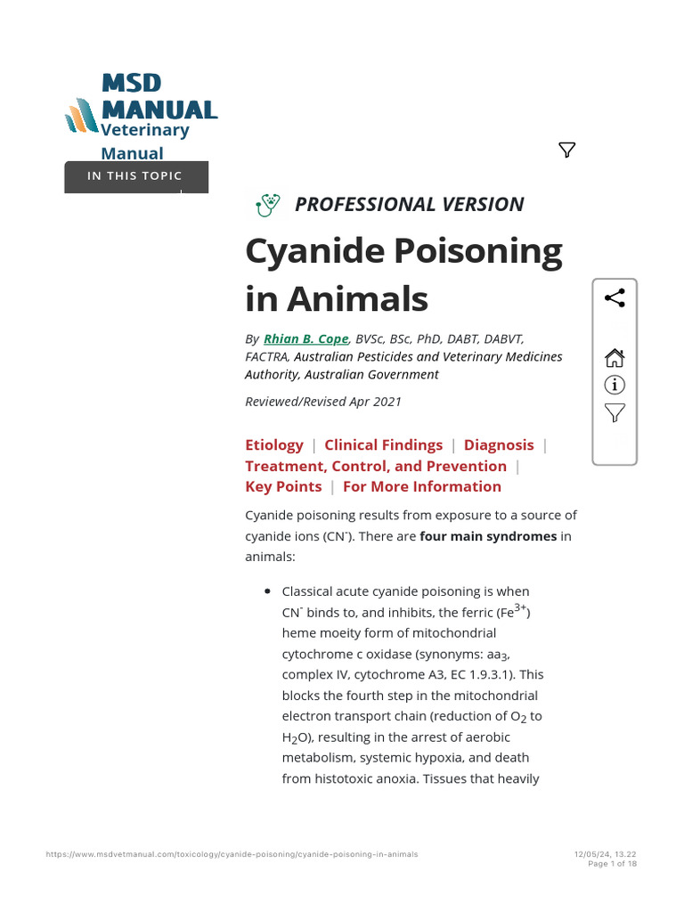 Cyanide Poisoning in Animals - Toxicology - MSD Veterinary Manual | PDF ...