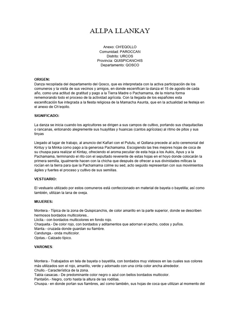 Reseña Historica Del Allpa Llankay y Oytas Danzas | PDF | Bailes | Ropa
